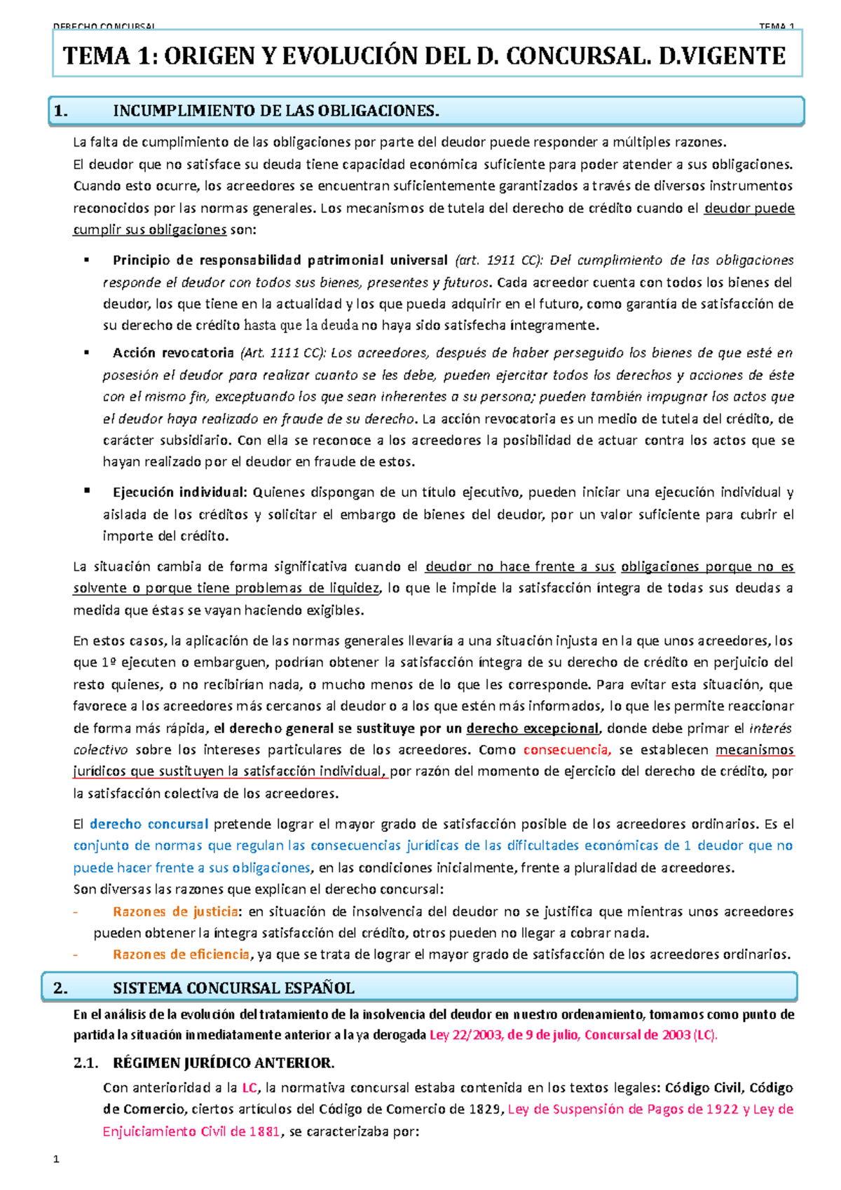 TEMA 1. D. Concursal 2324 odt-1 - TEMA 1: ORIGEN Y EVOLUCIÓN DEL D. CONCURSAL. D 1 ...