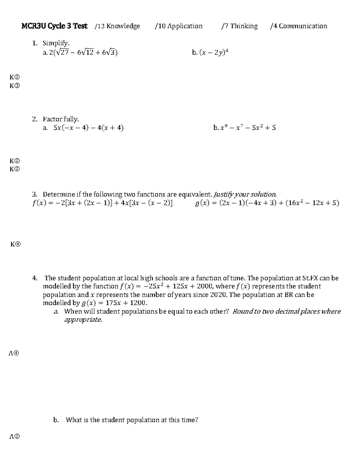 Advanced Functions Cycle 3 Practice Test - MCR 3 U Cycle 3 Test /13 ...
