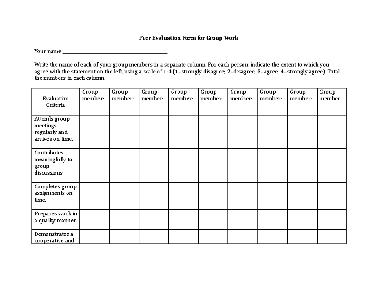 Group-2 Evaluation-FORM 2 - Peer Evaluation Form for Group Work Your ...