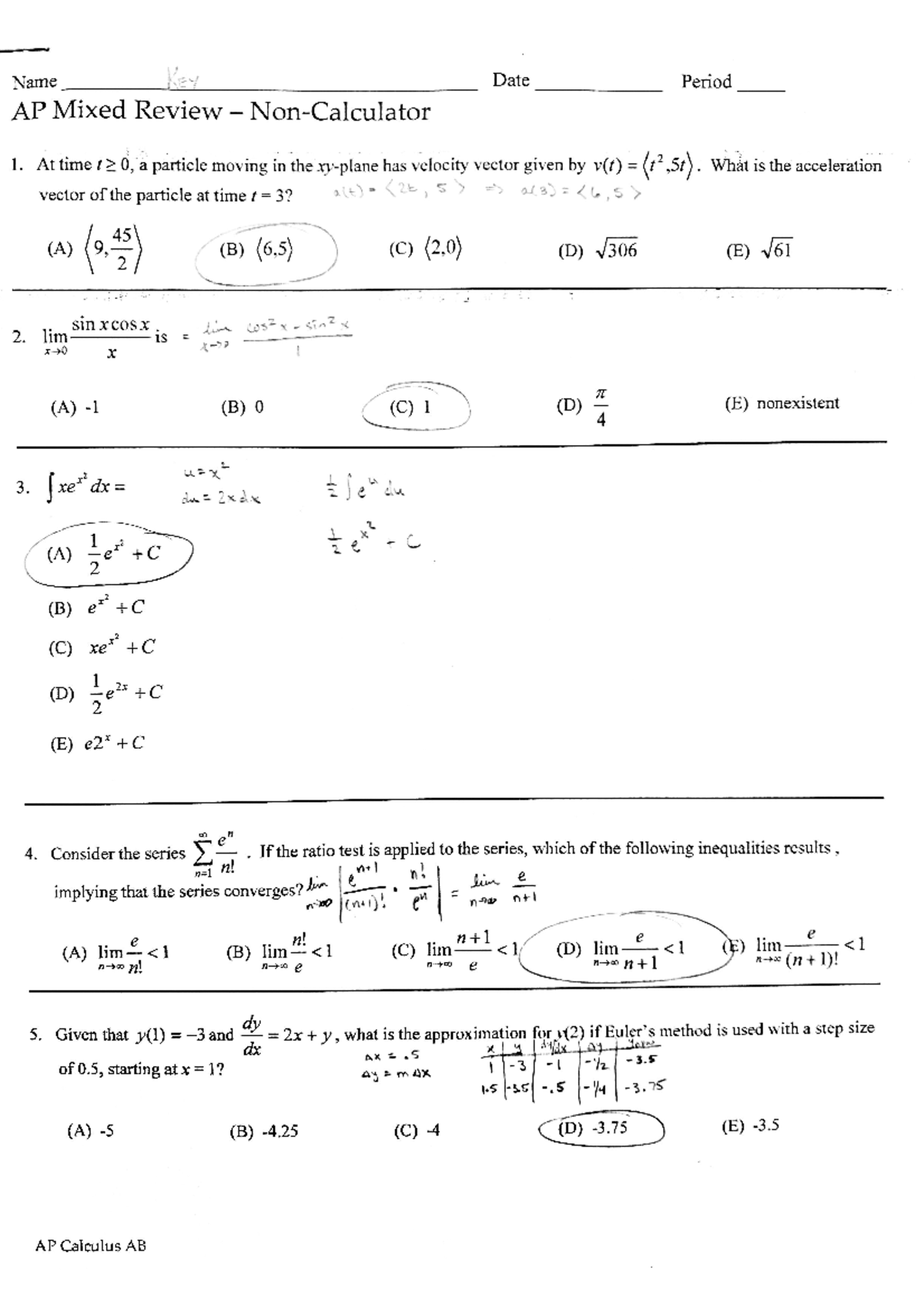 AP Multiple Choice - Non-Calculator Answer Key - _._—-—-D Nalne ...