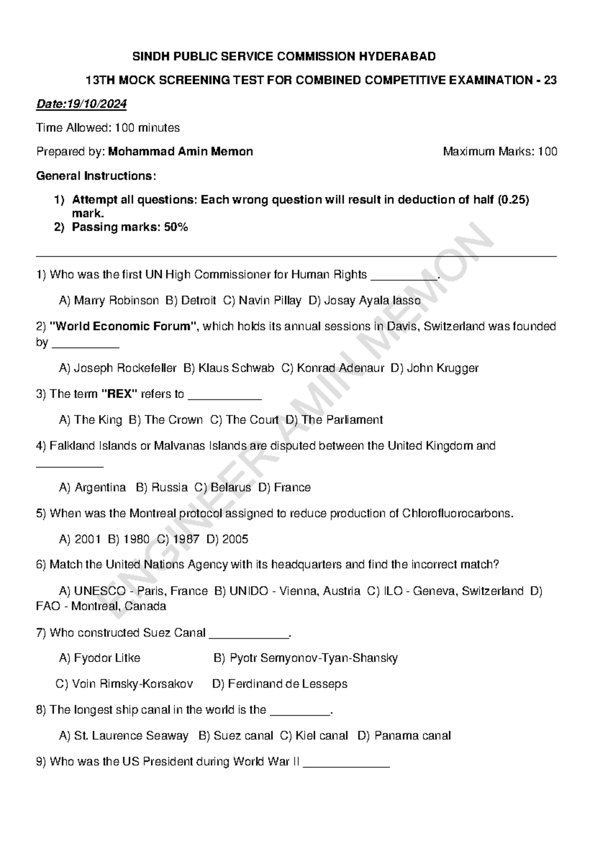 13TH MOCK SPSC CCE - Hhhu - SINDH PUBLIC SERVICE COMMISSION HYDERABAD ...