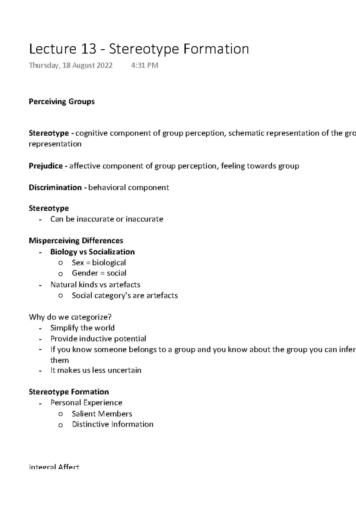 Lecture 13 - Stereotype Formation - Perceiving Groups Stereotype ...
