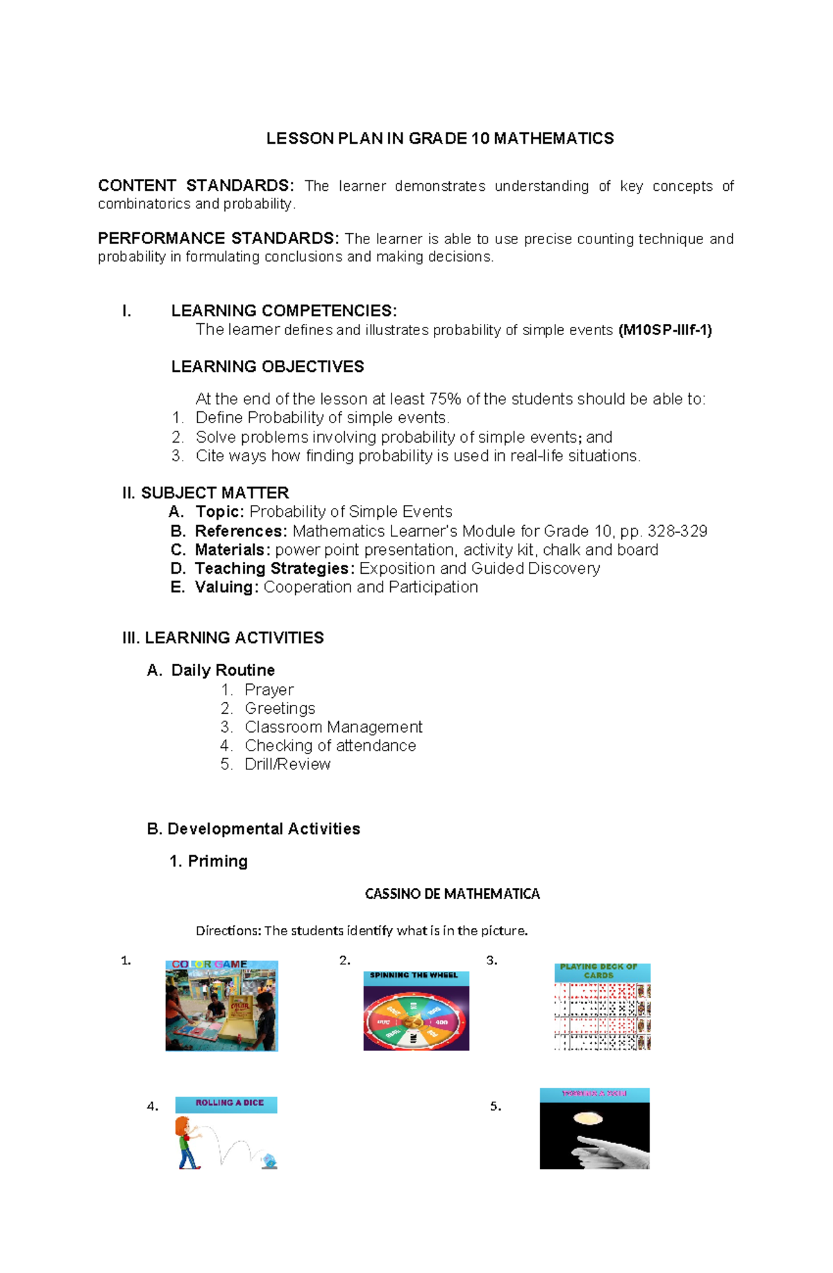 SF Demo - LESSON PLAN IN GRADE 10 MATHEMATICS CONTENT STANDARDS: The ...