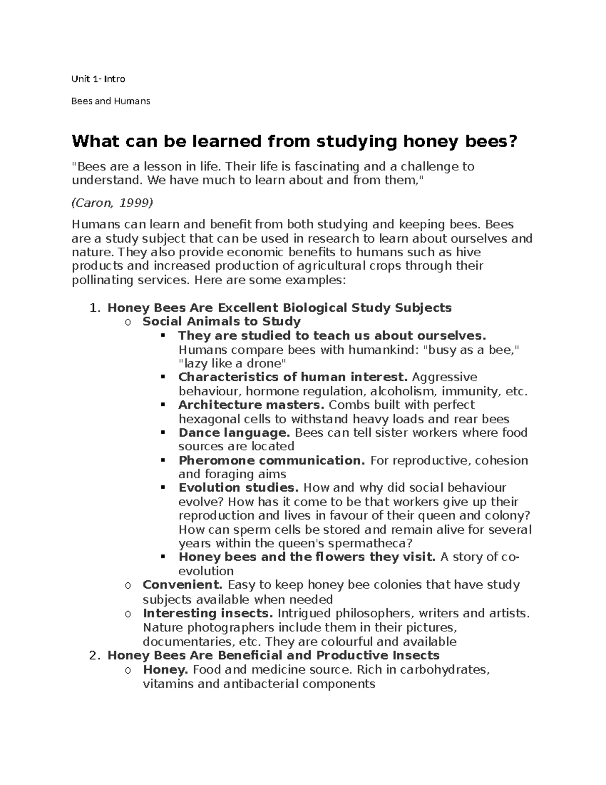 Midterm Notes - Unit 1- Intro Bees and Humans What can be learned from ...