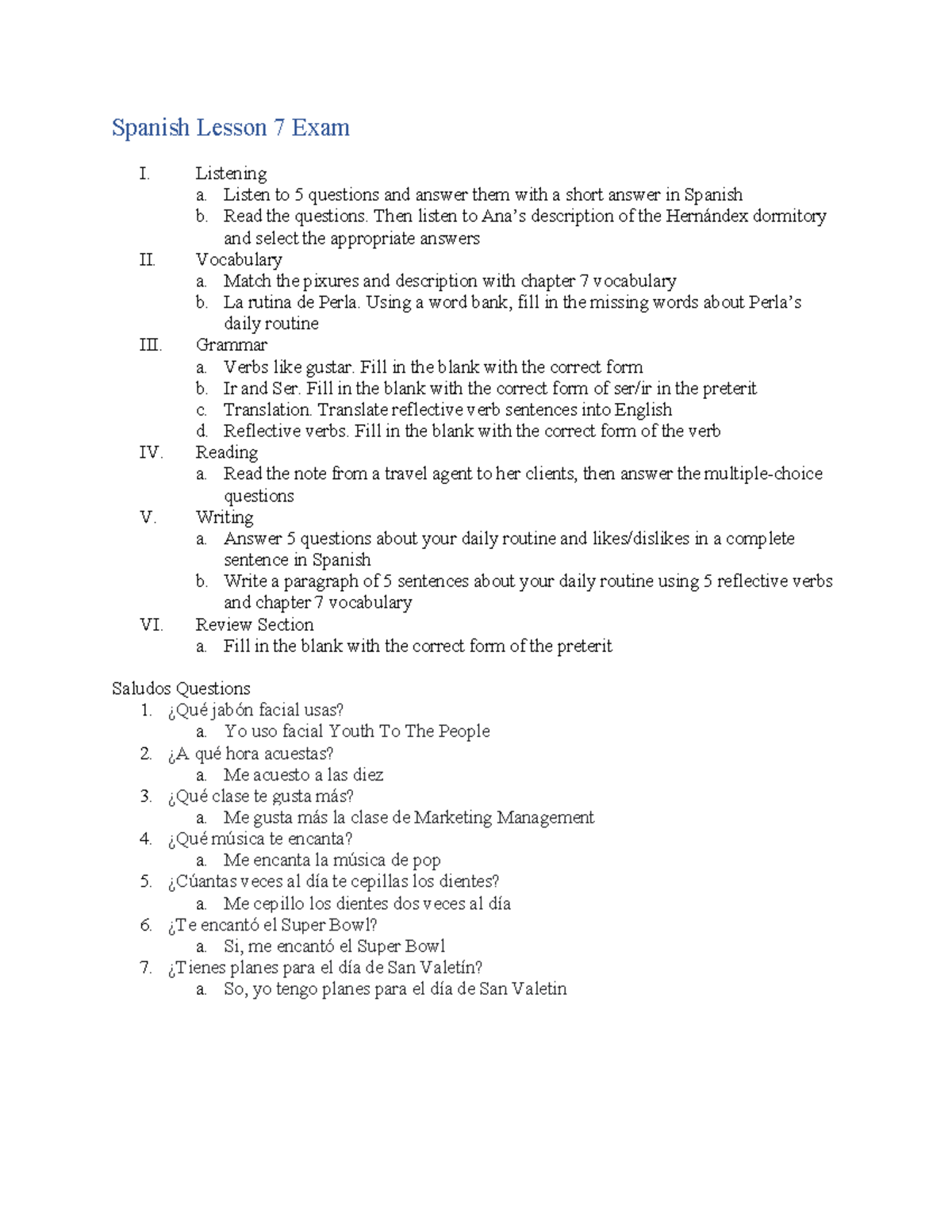 Spanish Exam review lesson 7 - Spanish Lesson 7 Exam I. Listening a ...