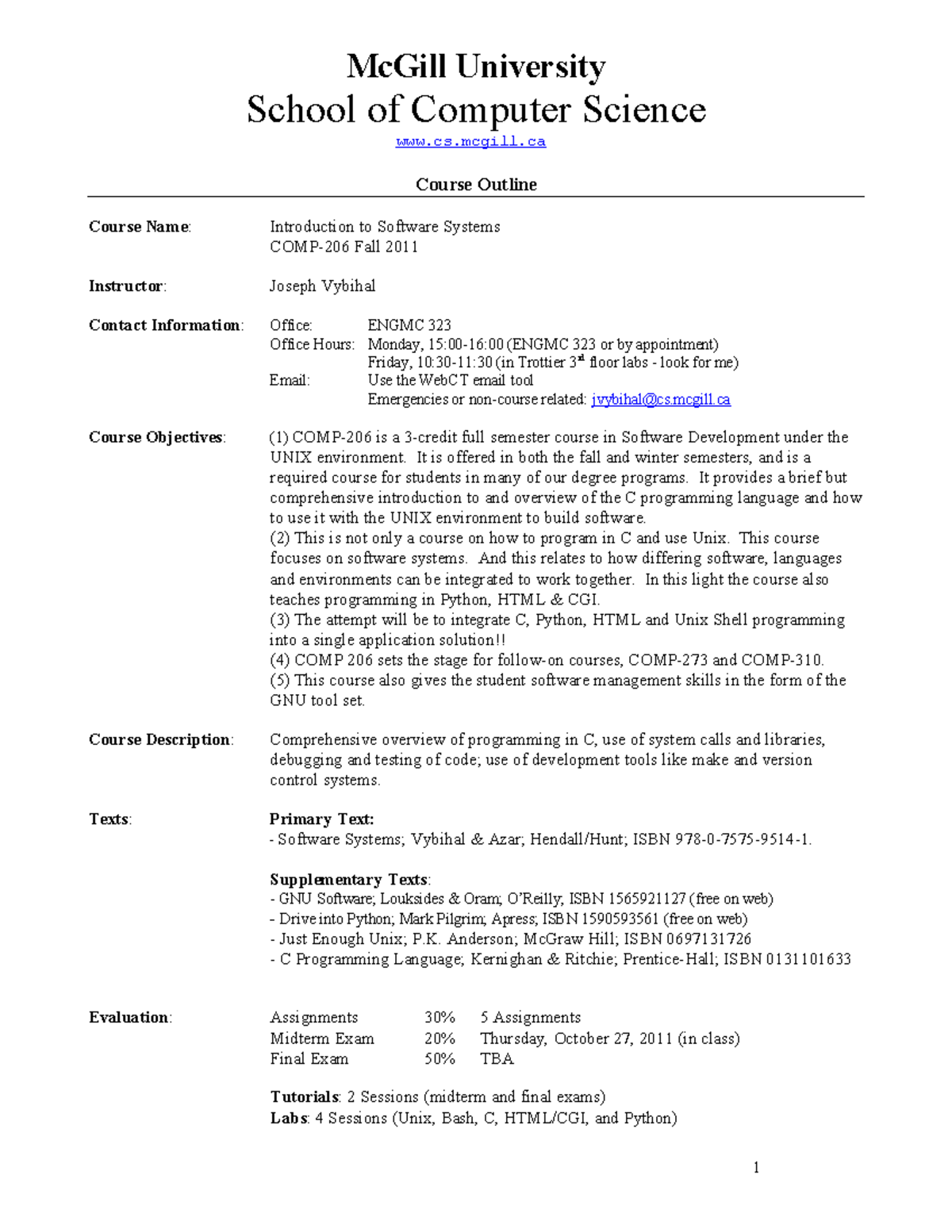 Outline - Practice/Exam - McGill University School of Computer Science cs.mcgill Course Outline ...