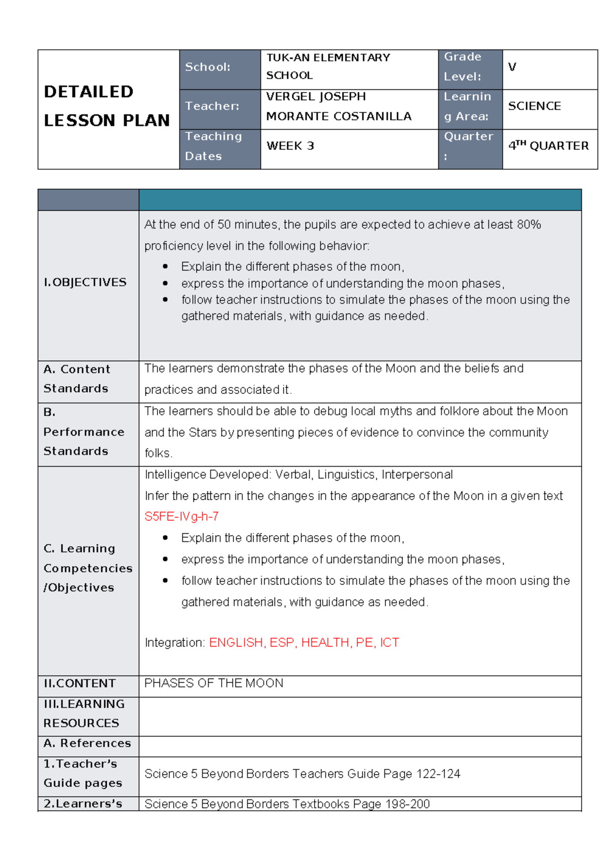 Grade 5 Phases OF THE MOON LESSON PLAN - DETAILED LESSON PLAN School ...