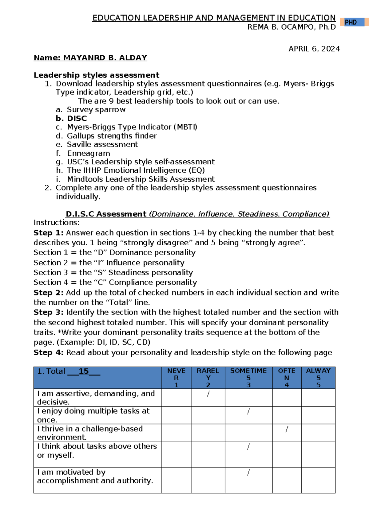 Leadership Style questionnaire - PHD EDUCATION LEADERSHIP AND ...