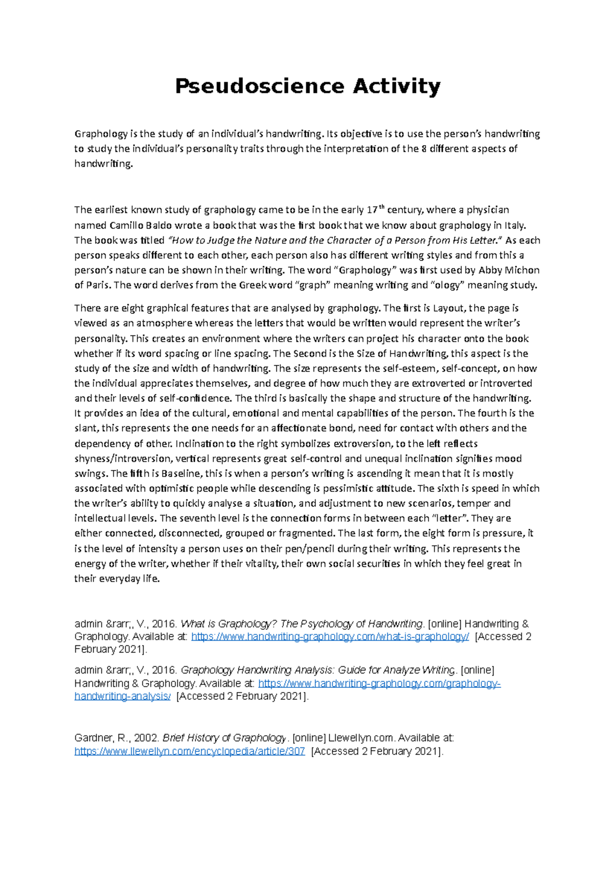 Pseudoscience Activity[ 825] - Pseudoscience Activity Graphology is the ...