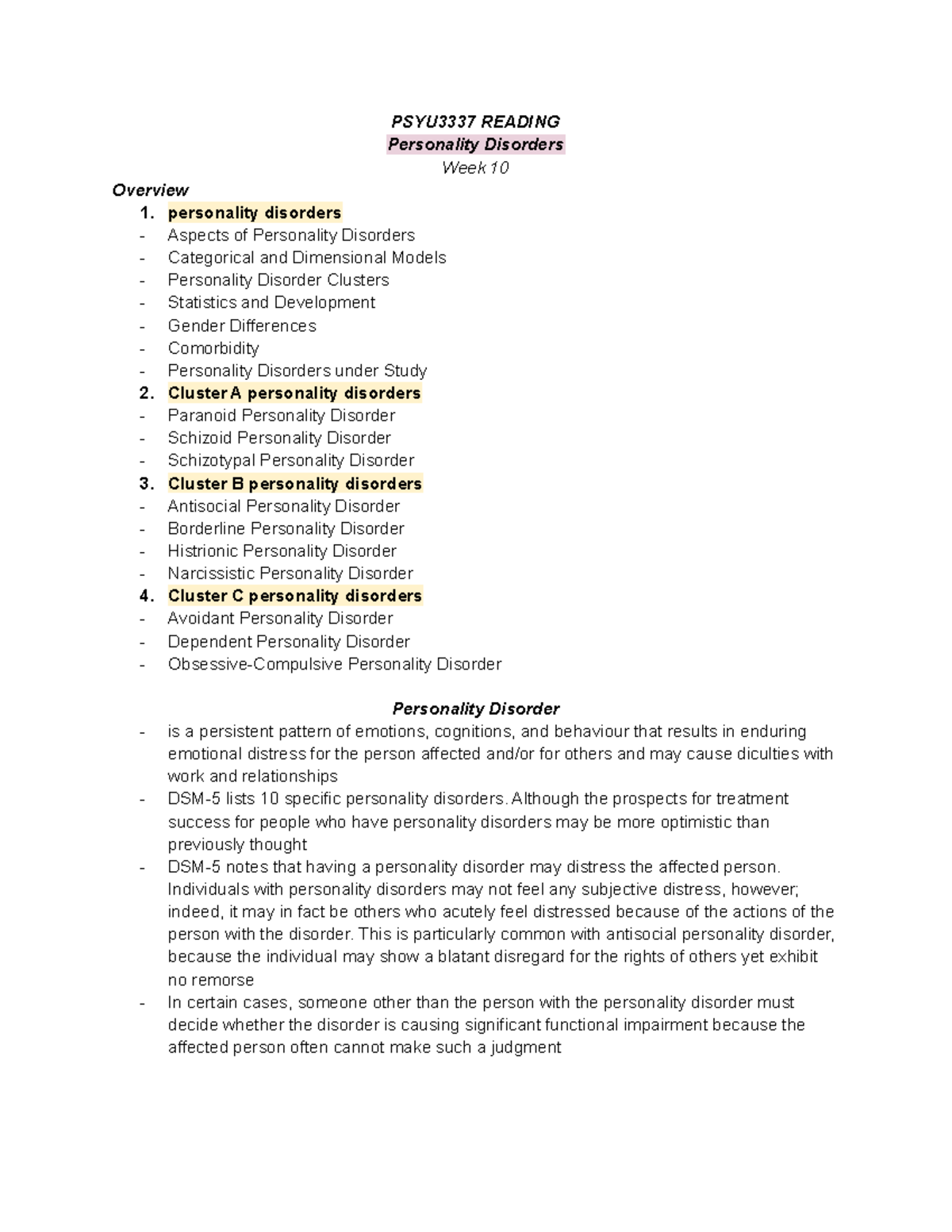 3337 Reading WK 10 - 12 - PSYU3337 READING Personality Disorders Week ...