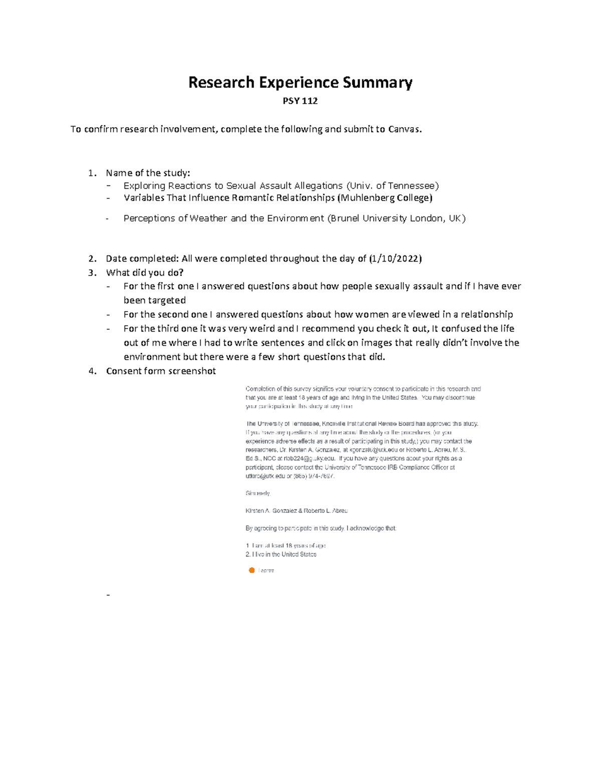 New studies - yess - Research Experience Summary PSY 112 To confirm ...