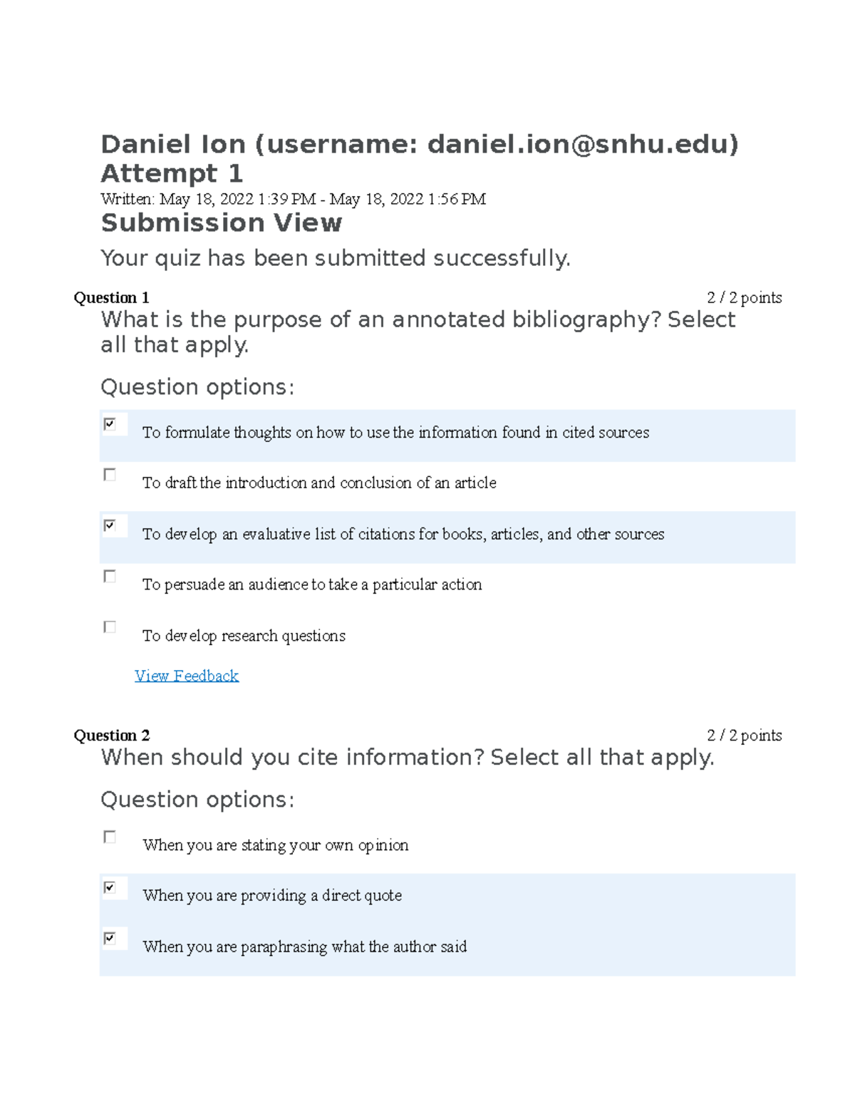 MOD3 Quiz - MOD3 Quiz - Daniel Ion (username: daniel@snhu) Attempt 1 Written: May 18, 2022 1:39 ...
