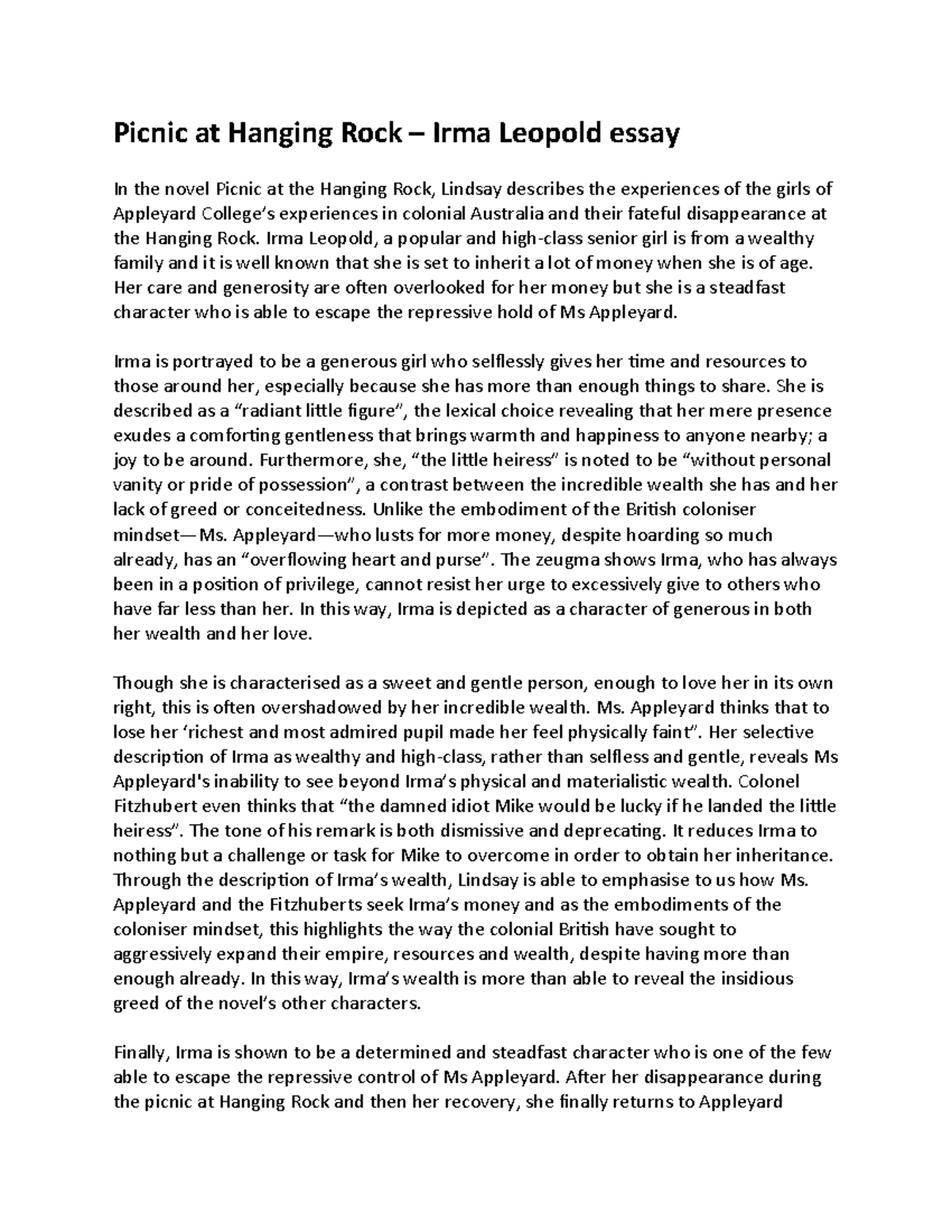Igsce English Picnic at Hanging Rock – Irma Leopold essay - Picnic at ...