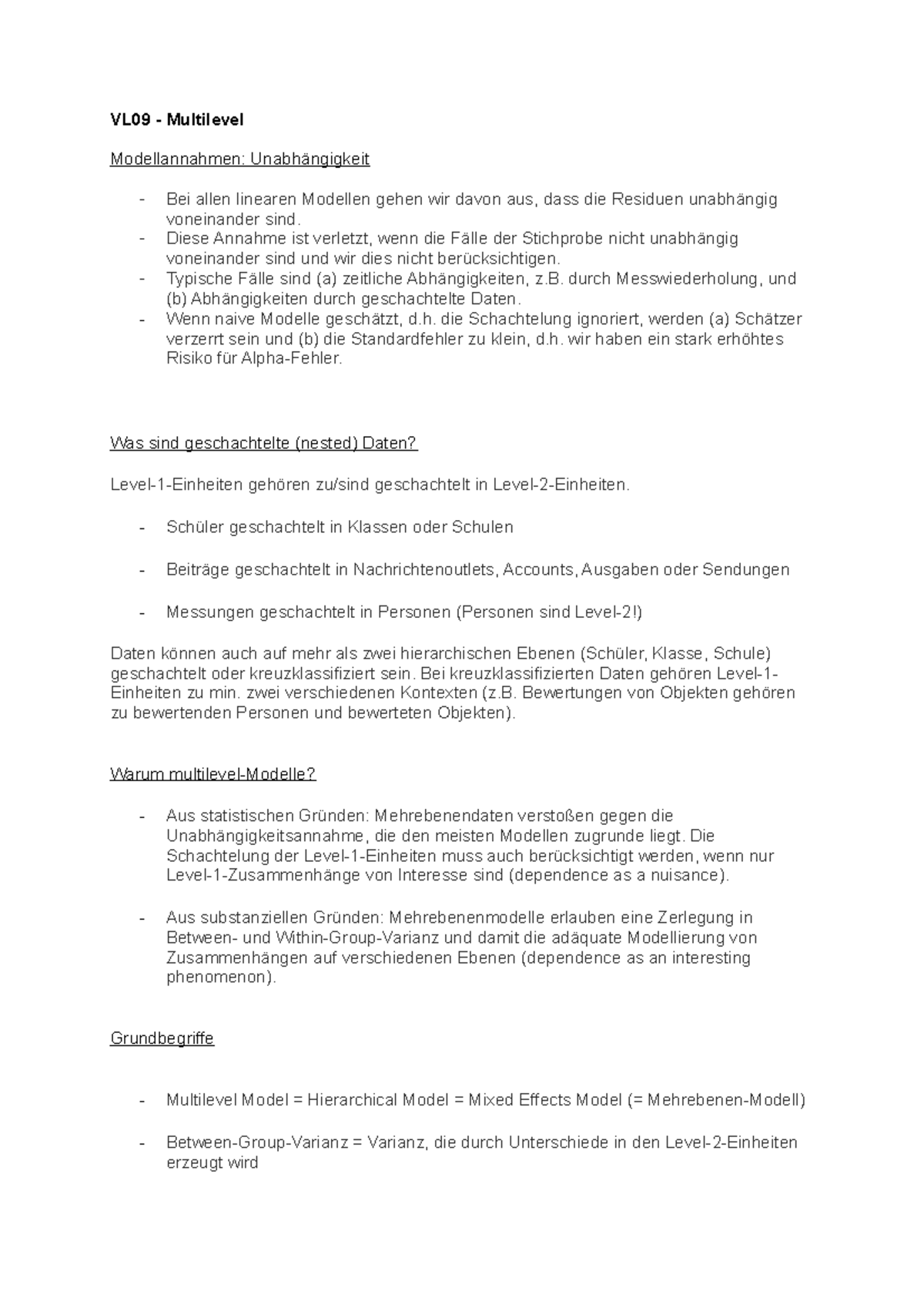 VL09 - Multilevel - VL09 - Multilevel Modellannahmen: Unabhängigkeit ...