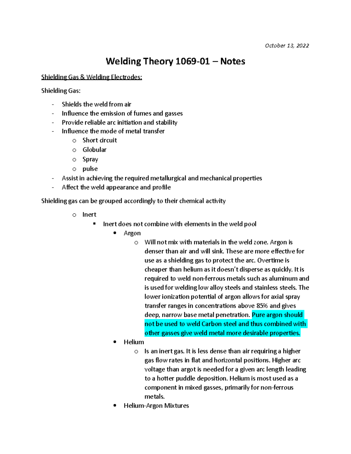 Welding Theory 1069-01 Notes 10 - October 13, 2022 Welding Theory 1069 ...