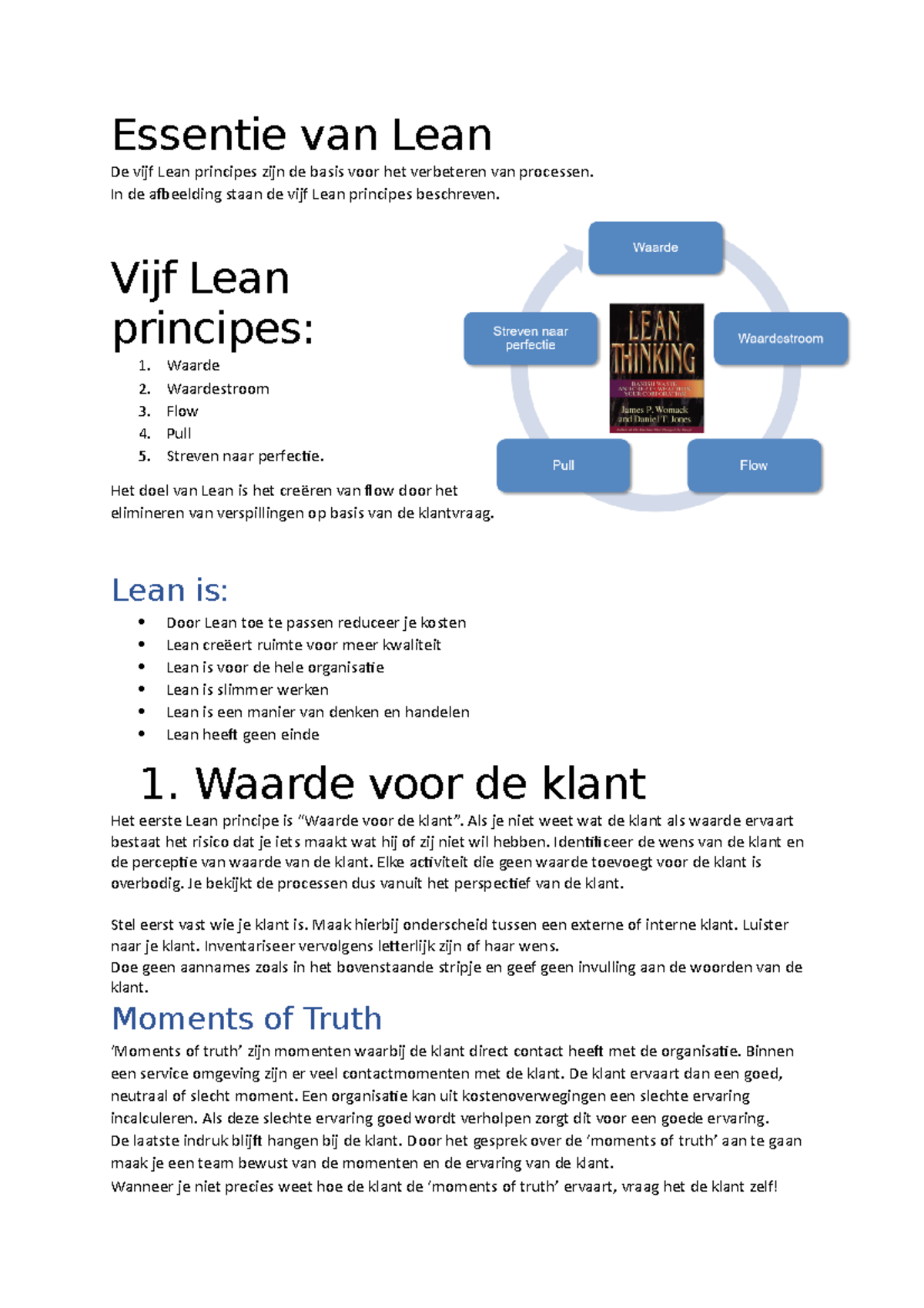 E-learning Yellow Belt samenvatting - Essentie van Lean De vijf Lean principes zijn de basis ...