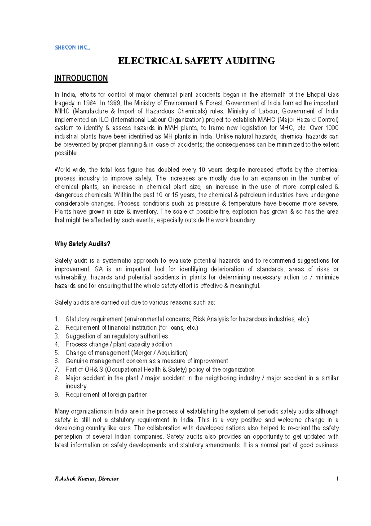 Electrical Safety Auditing - ELECTRICAL SAFETY AUDITING INTRODUCTION In ...