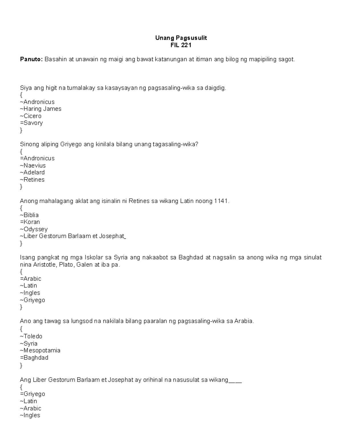 Pagsasaling-wika - Unang Pagsusulit FIL 221 Panuto: Basahin at unawain ...