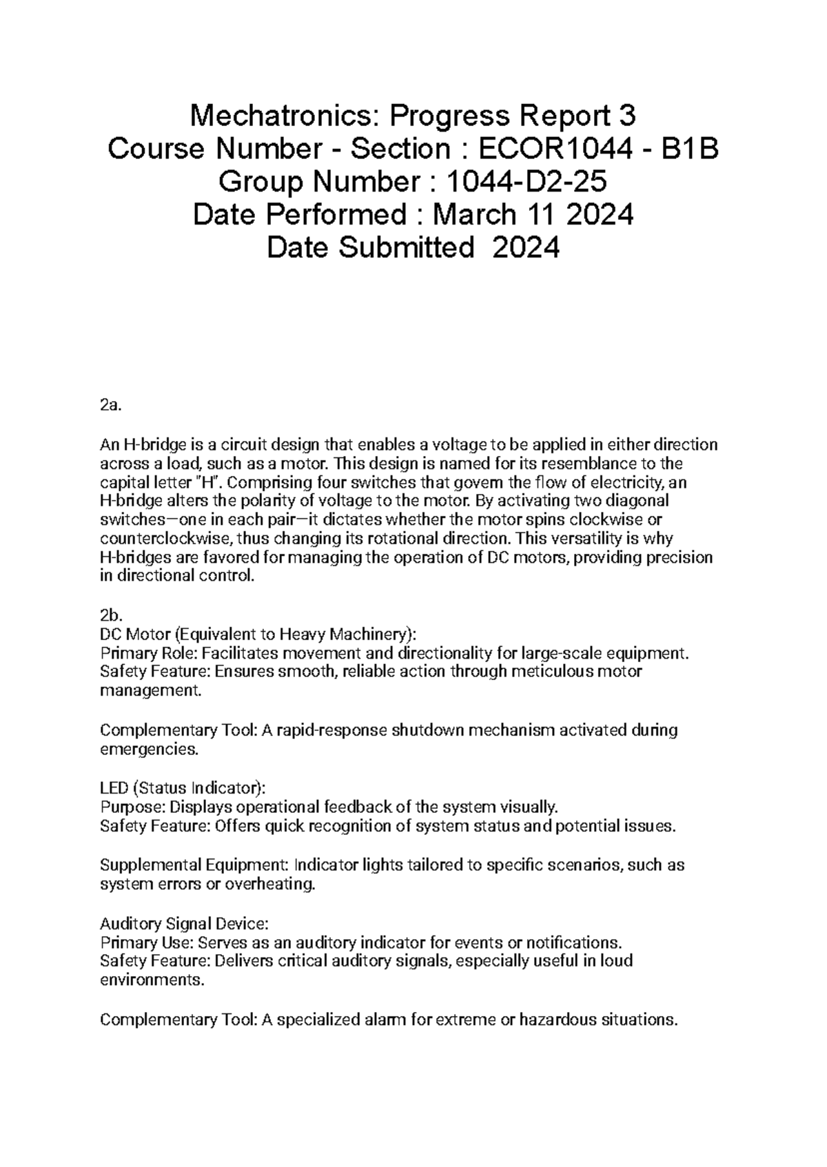 Mechatronics Lab 3 - Mechatronics: Progress Report 3 Course Number ...