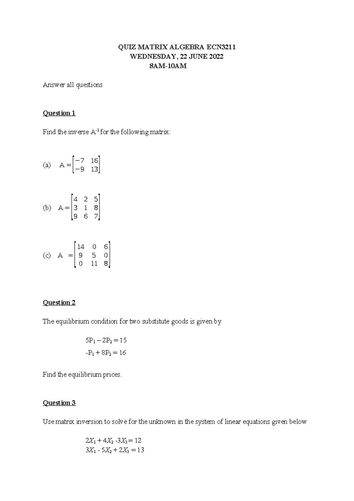 Soalan QUIZ Matrix Algebra - QUIZ MATRIX ALGEBRA ECN WEDNESDAY, 22 JUNE ...