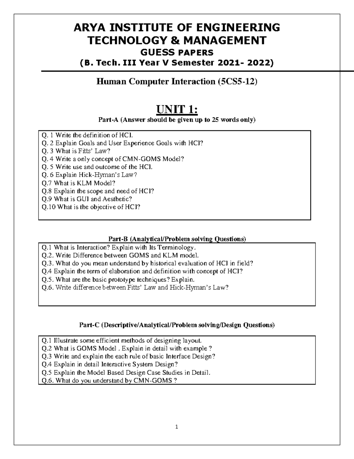 HCI (5CS5-12) - TECHNOLOGY & MANAGEMENT GUESS PAPERS (B. Tech. III Year ...