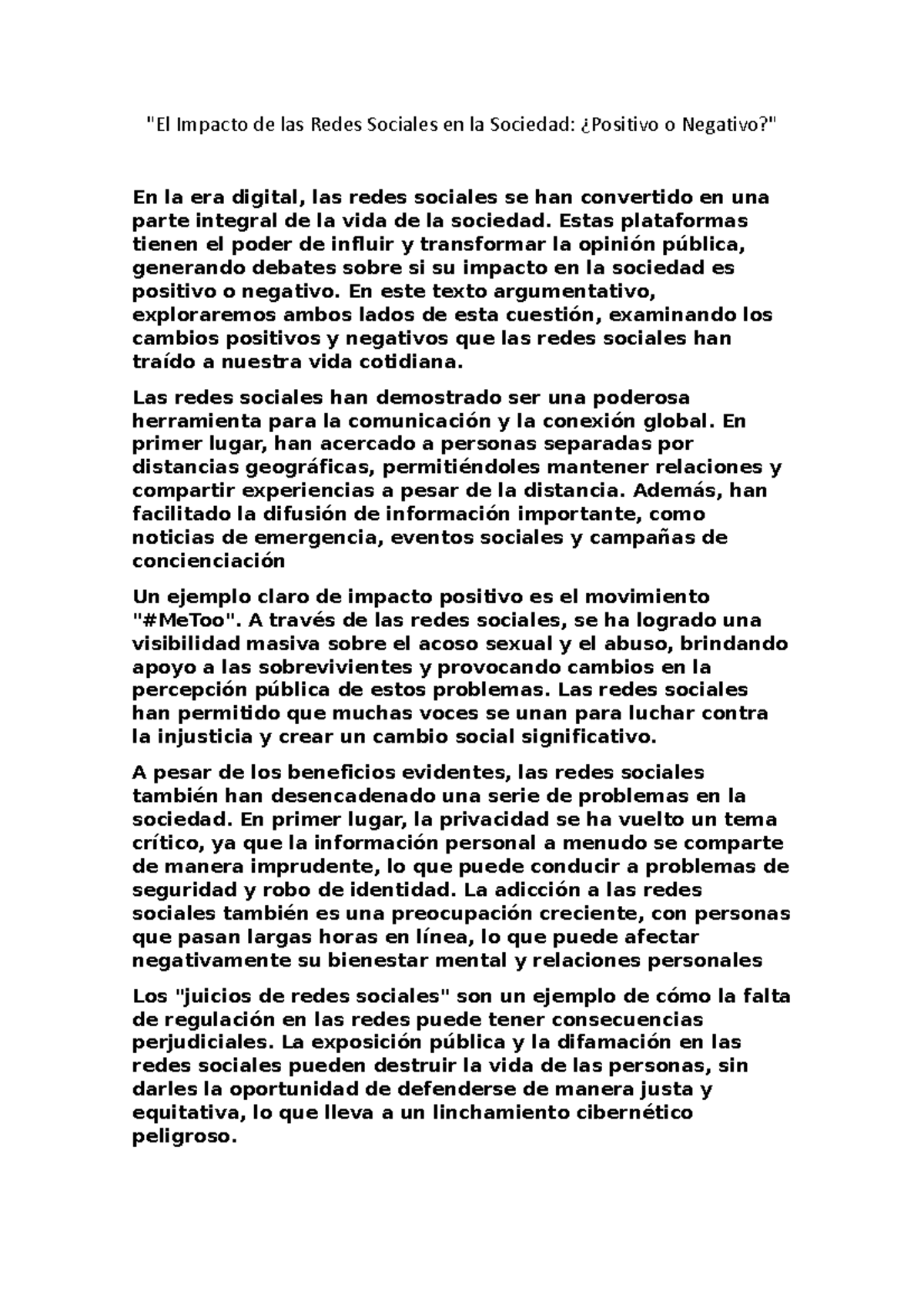 Texto argumentativo - El Impacto de las Redes Sociales en la Sociedad ...