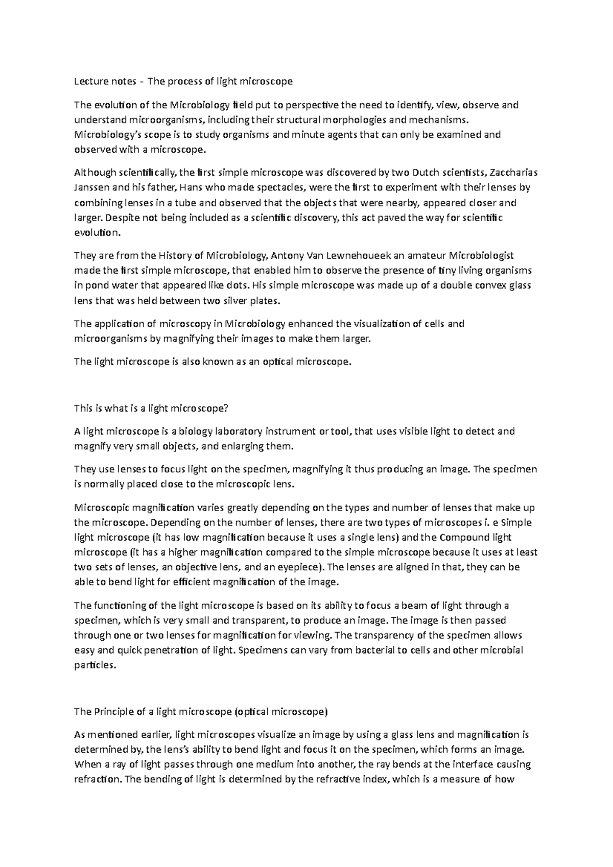 Lecture notes - The process of light microscope - Microbiology’s scope ...