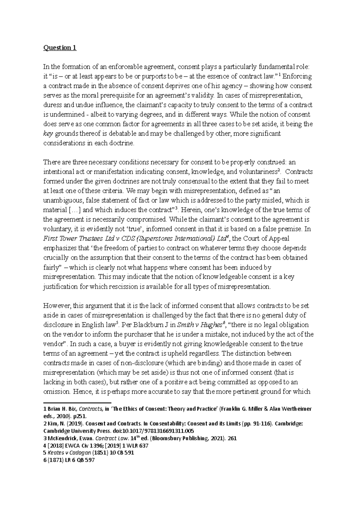 LL104 Essay - Law of Obligations - Question 1 In the formation of an ...