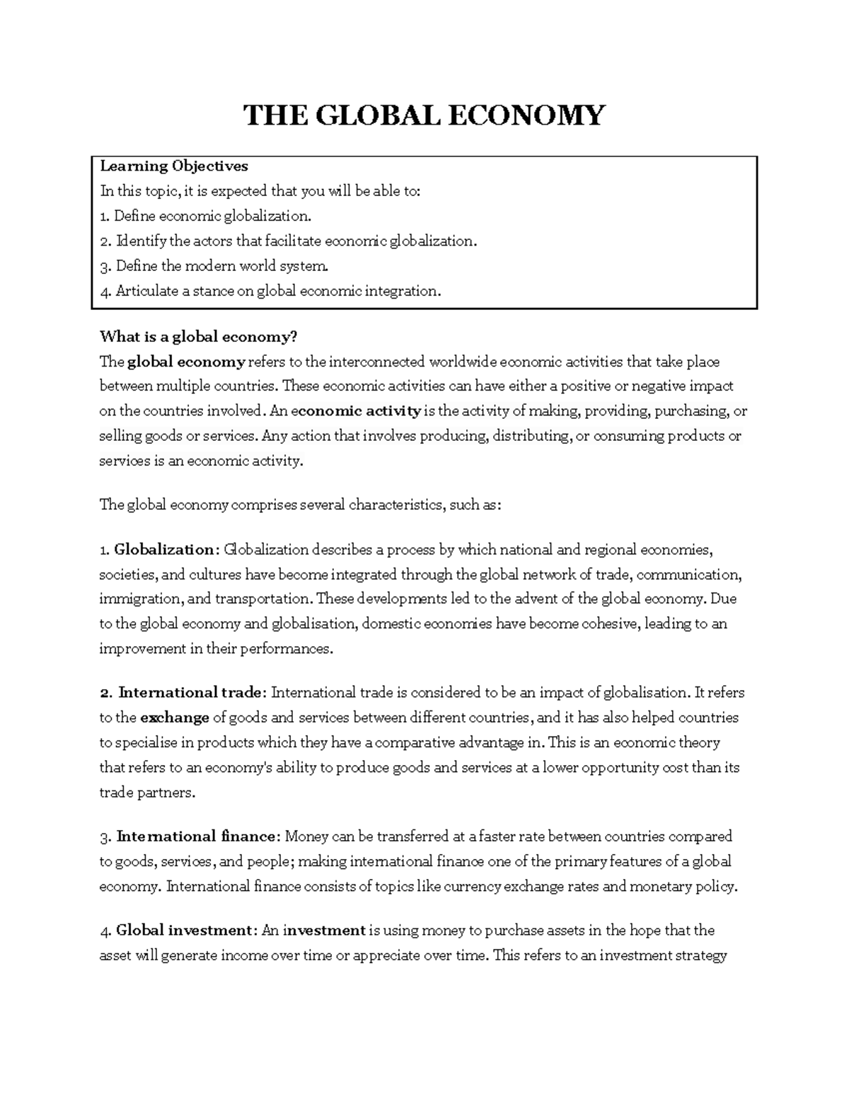 Global Economy in Contemporary World - THE GLOBAL ECONOMY Learning ...