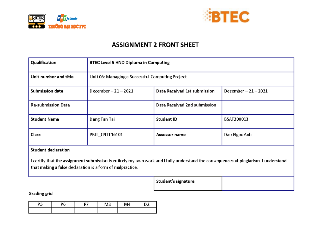 PMS Đặng-Tấn-Tài-ASM2 - ASSIGNMENT 2 FRONT SHEET Qualification BTEC ...