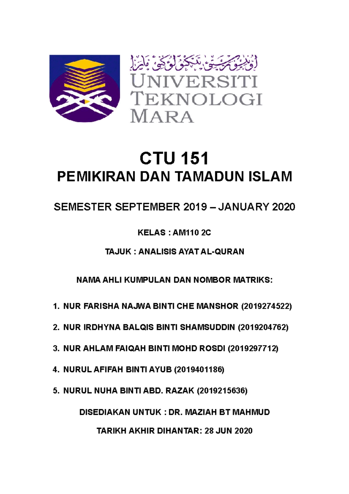 Assignment CTU 151 Submit - CTU 151 PEMIKIRAN DAN TAMADUN ISLAM SEMESTER SEPTEMBER 2019 ...