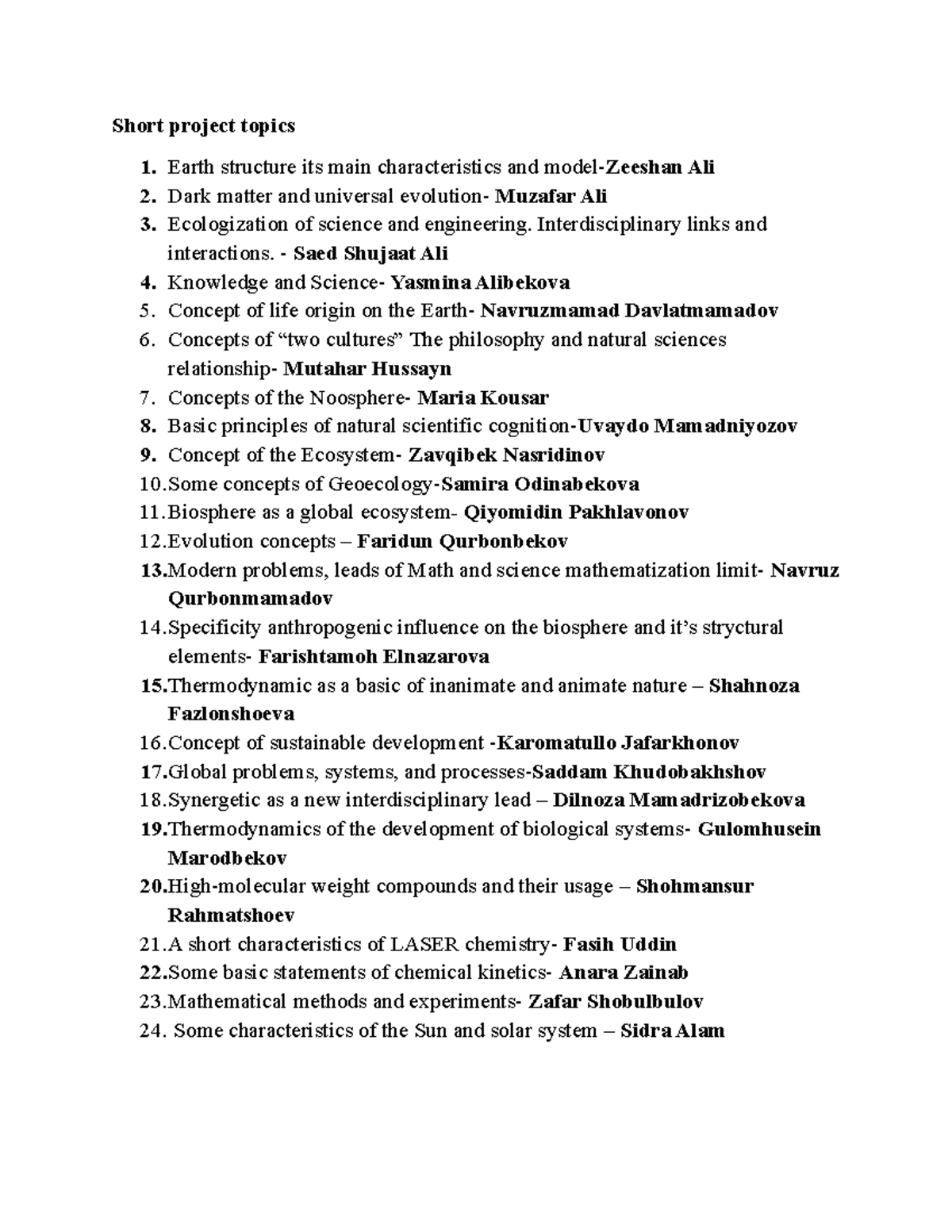 Project topics - Short project topics 1. Earth structure its main ...