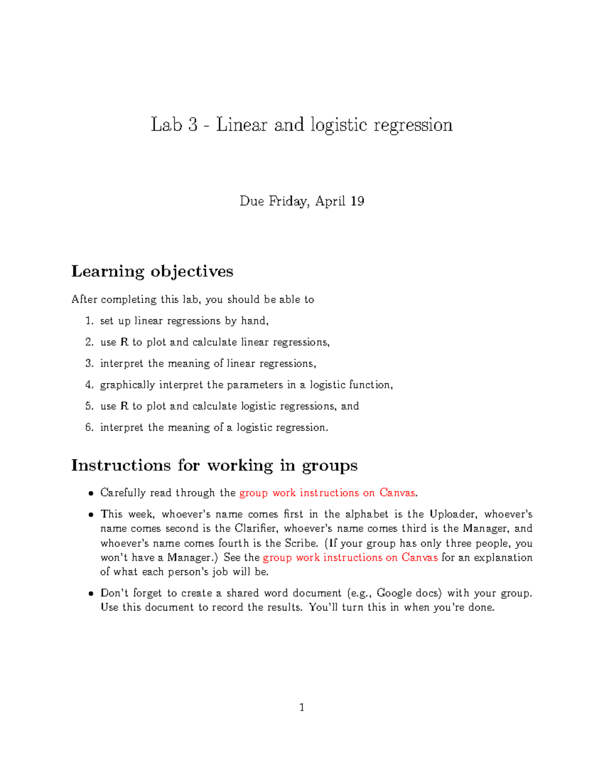 19C Lab3 - lab - Lab 3 - Linear and logistic regression Due Friday, April 19 Learning objectives ...