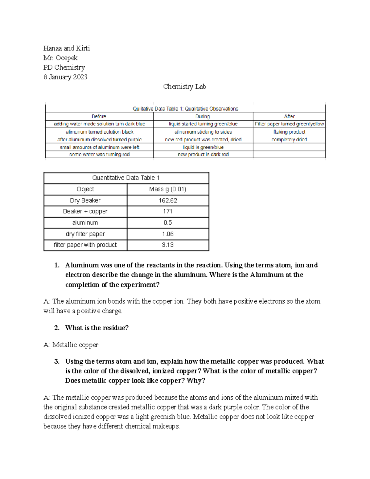 Chem Lab - Example Report - Hanaa and Kirti Mr. Ocepek PD Chemistry 8 ...