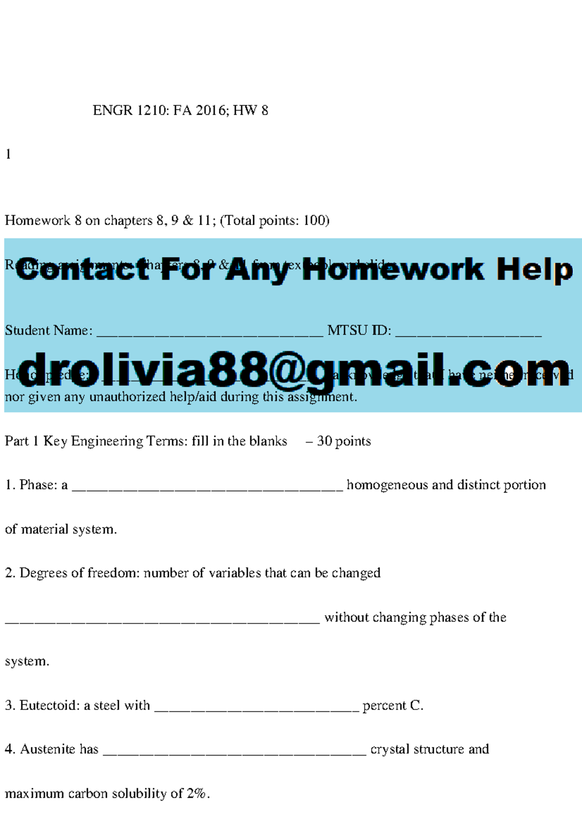 ENGR 1210 FA 2016 ; HW 8 1 H - ENGR 1210: FA 2016; HW 8 1 Homework 8 on chapters 8, 9 & 11 ...