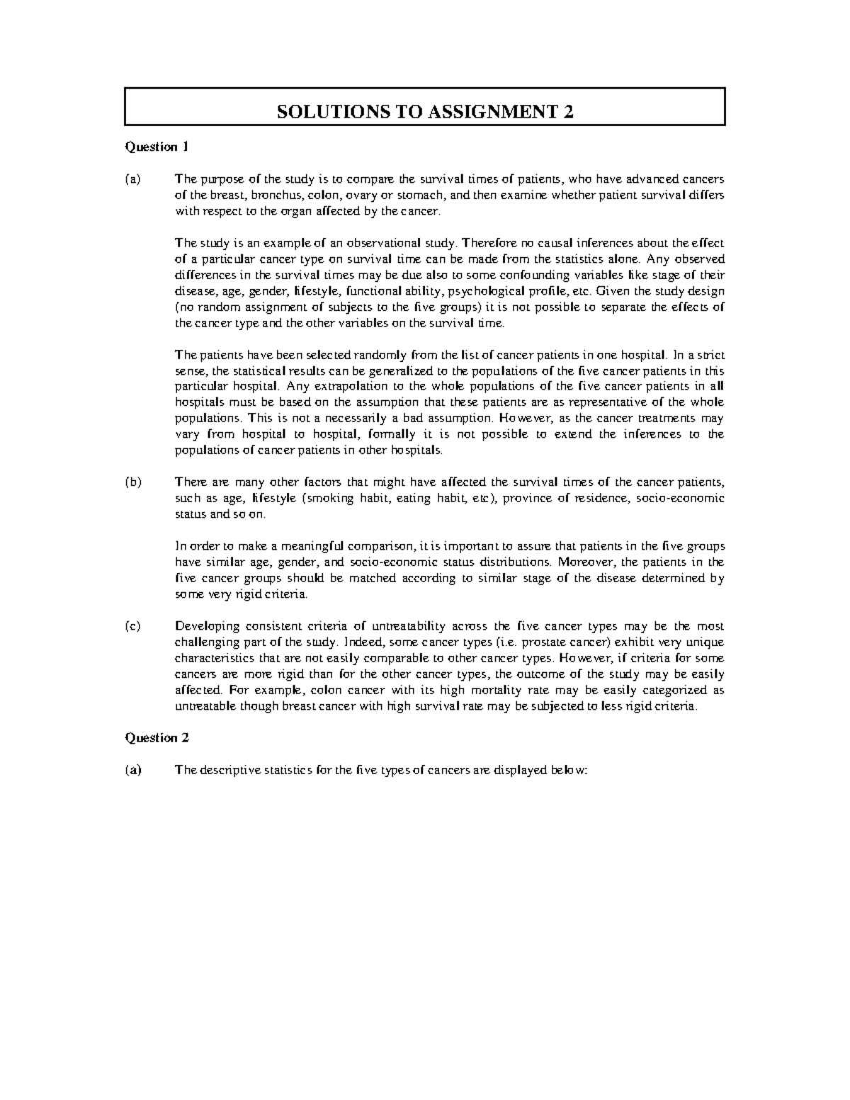 Asg2soln - Stat 337 Lab Assignment Fall 2019 - SOLUTIONS TO ASSIGNMENT 2 Question 1 (a) The ...