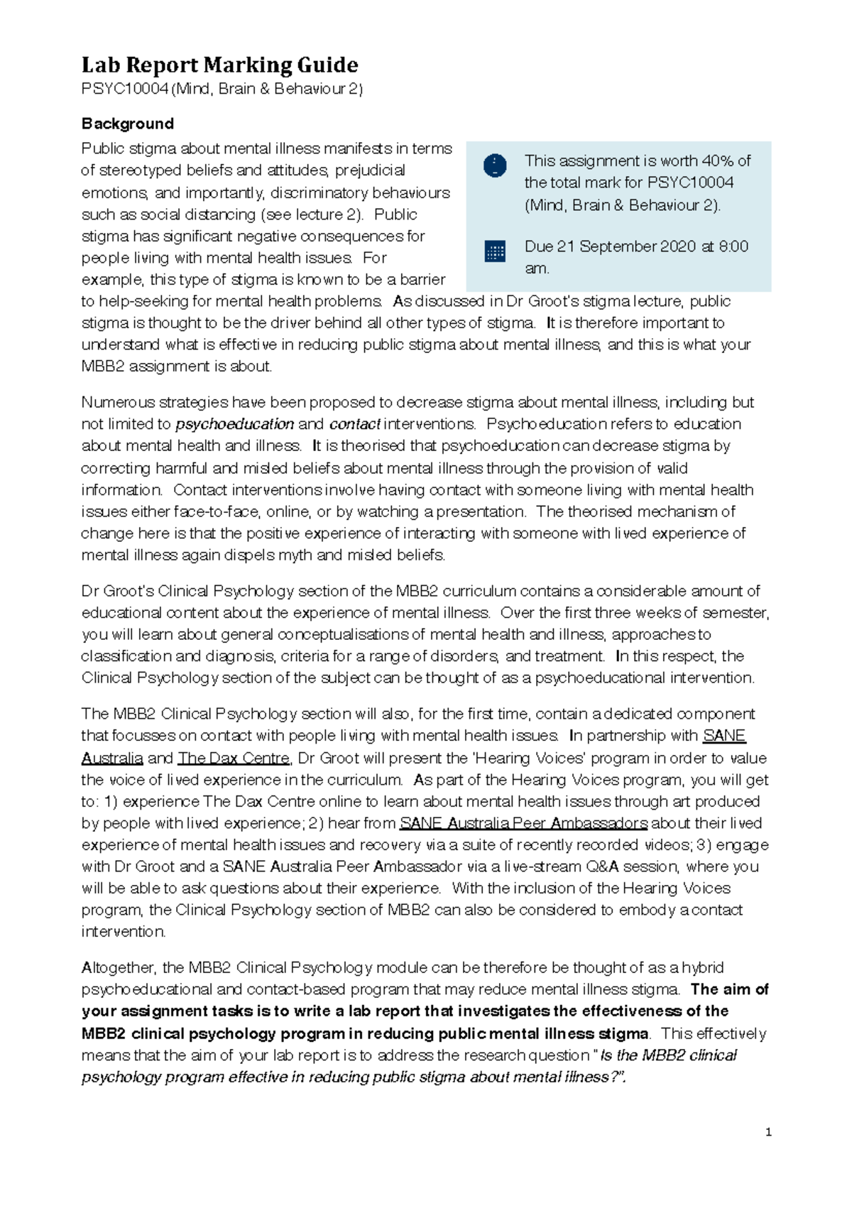 PSYC10004 MBB2 2020 Lab Report Marking Criteria - Lab Report Marking ...