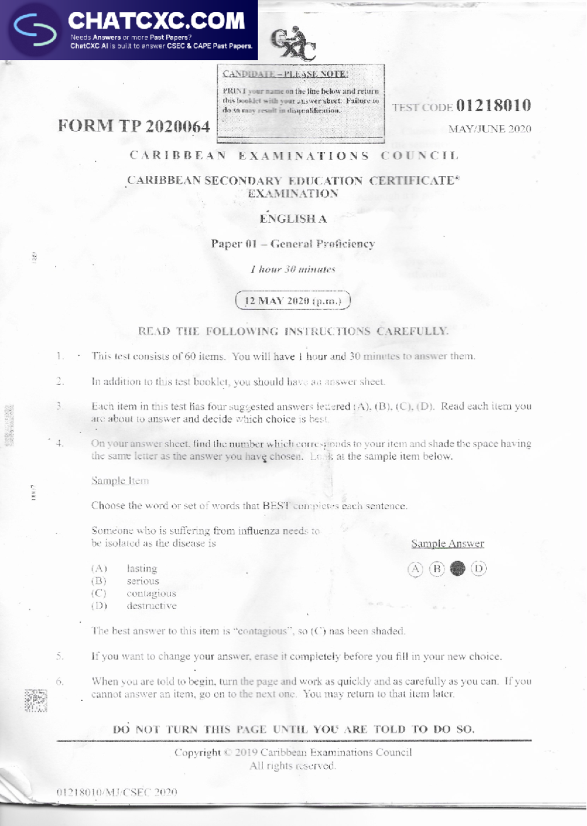 English A May 2020 P1 - CSEC past paper - Studocu