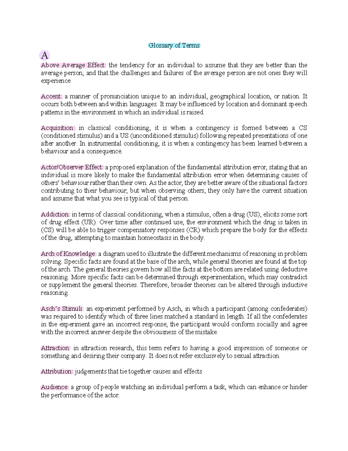 Psychology Final Exam Overall Key Terms - Glossary of Terms A Above ...