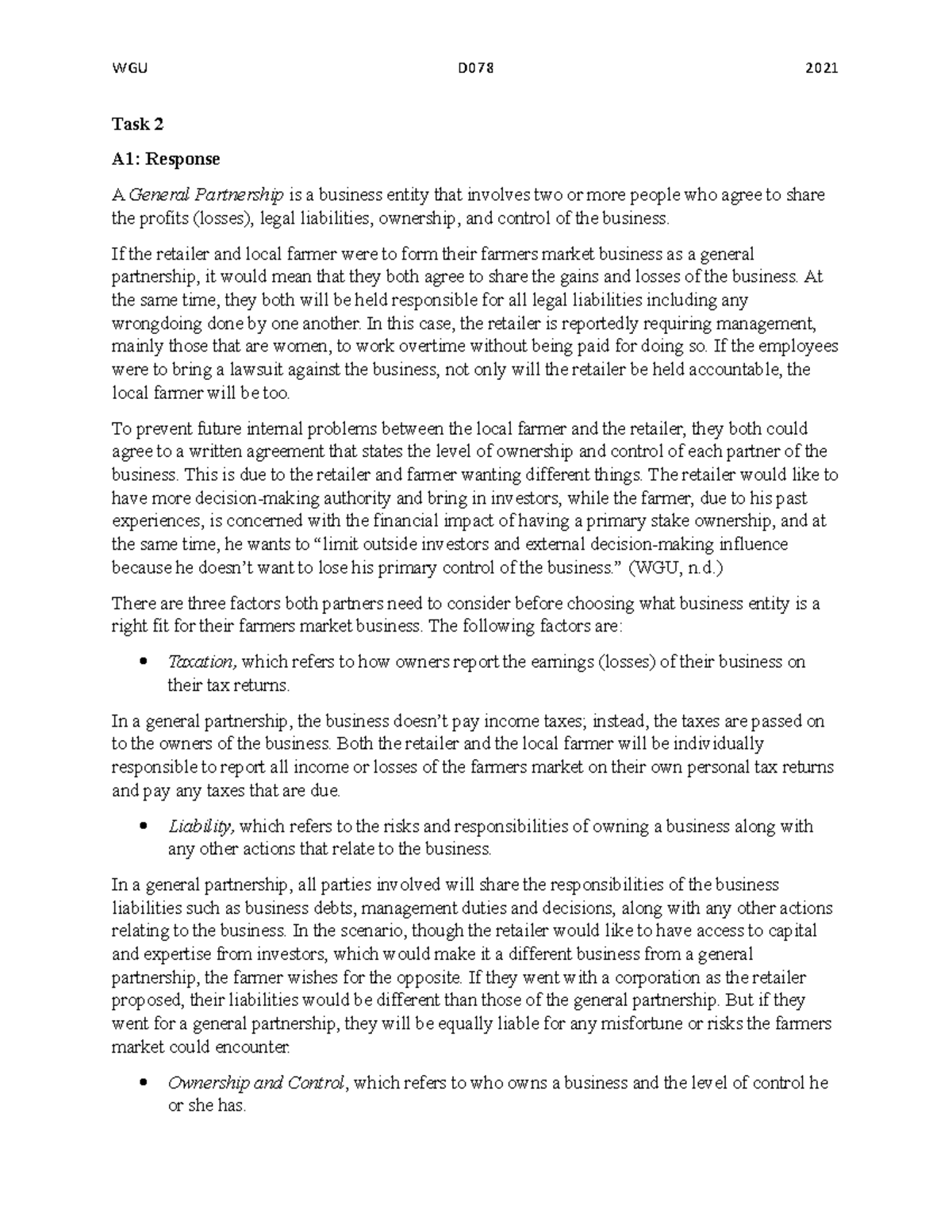 D078 Task 2 passed - Task 2 A1: Response A General Partnership is a ...