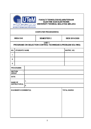 Lab 2 - FAKULTI TEKNOLOGI KEJURUTERAAN MEKANIKAL DAN PEMBUATAN ...