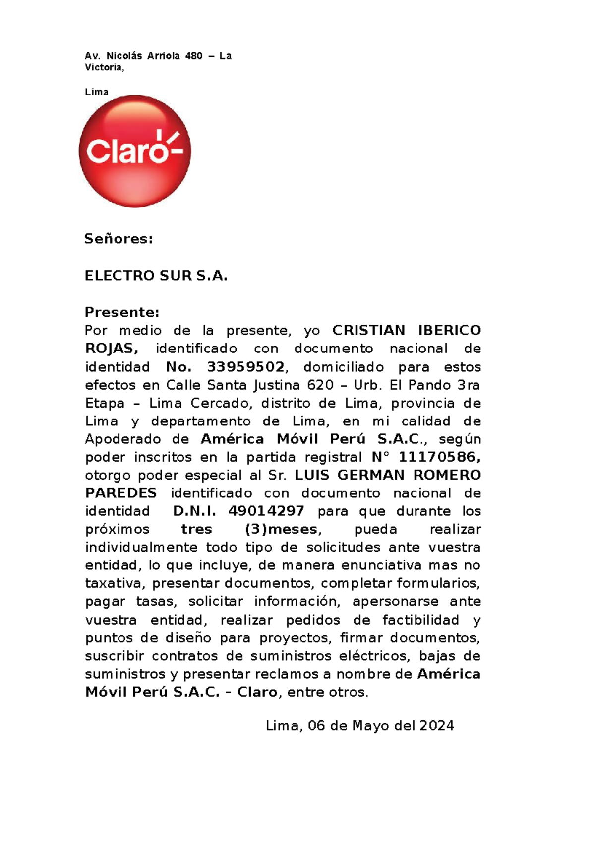 Carta Poder Limpia - Av. Nicolás Arriola 480 – La Victoria, Lima Sede ...