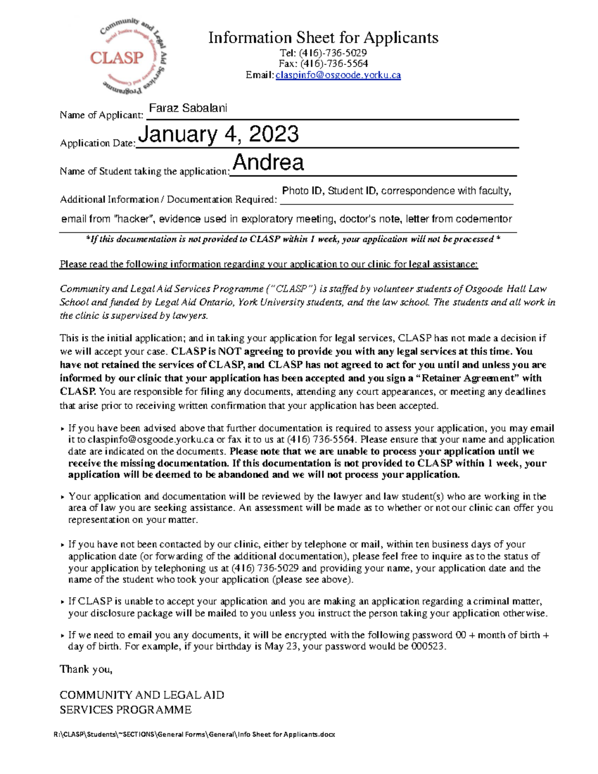 Info Sheet for Applicants - R:\CLASP\Students~SECTIONS\General Forms\General\Info Sheet for ...