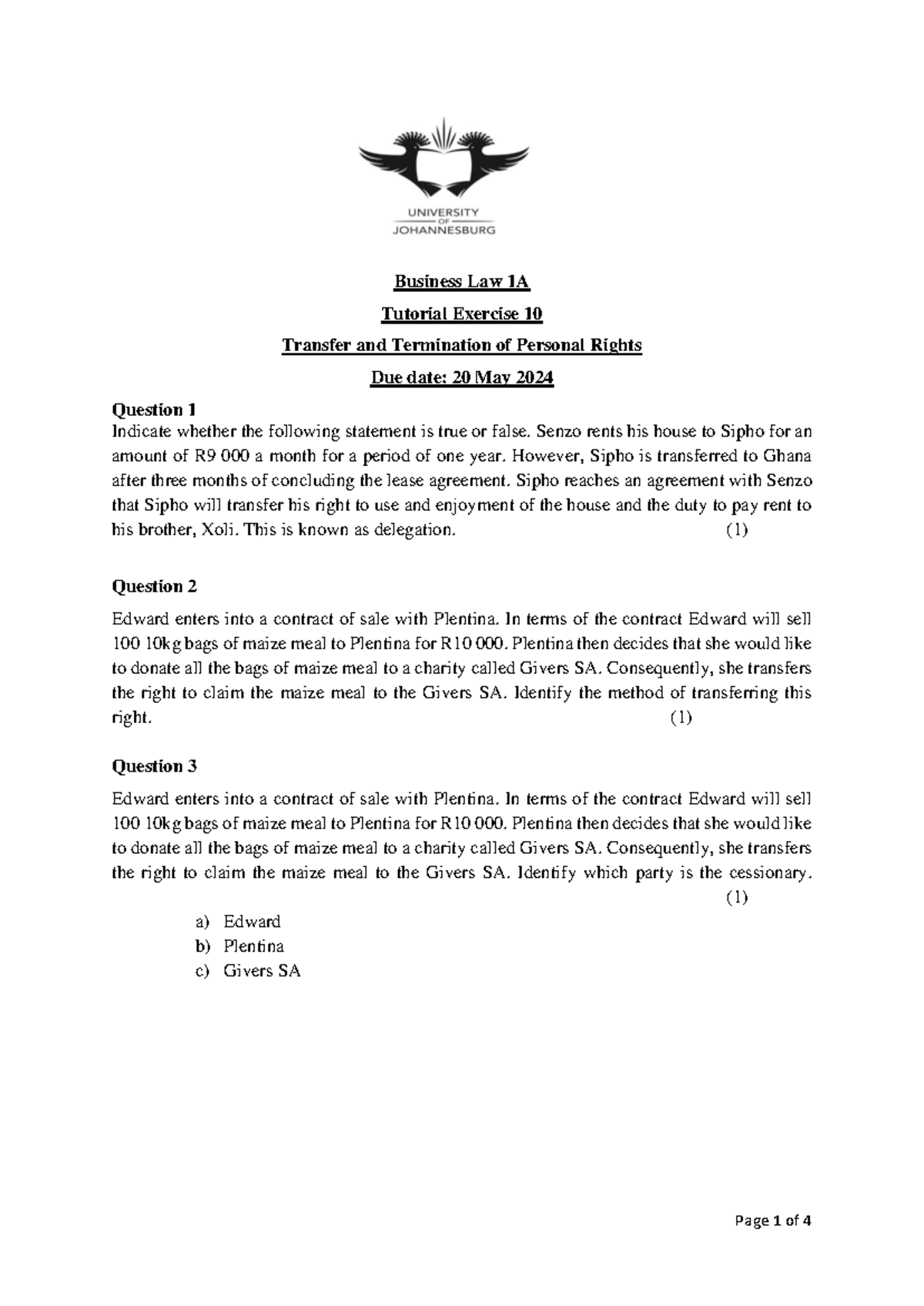 Exercise 10 - Chapter 12 Transfer Termination of Personal Rights ...