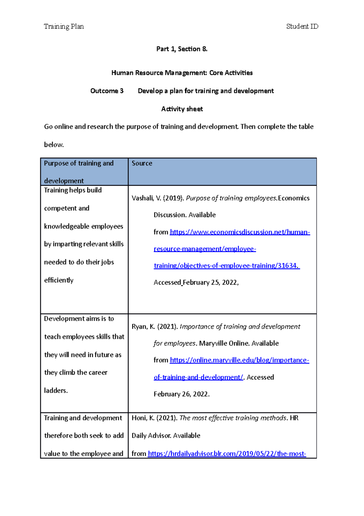 Training plan sample for hr managers - Part 1, Section 8. Human ...