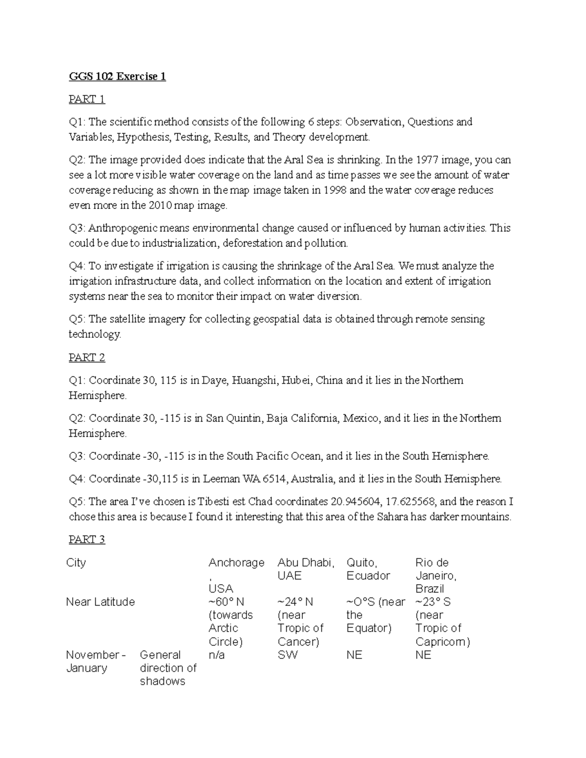 GGS 102 Exercise 1 - xZf,adcxb - GGS 102 Exercise 1 PART 1 Q1: The scientific method consists of ...