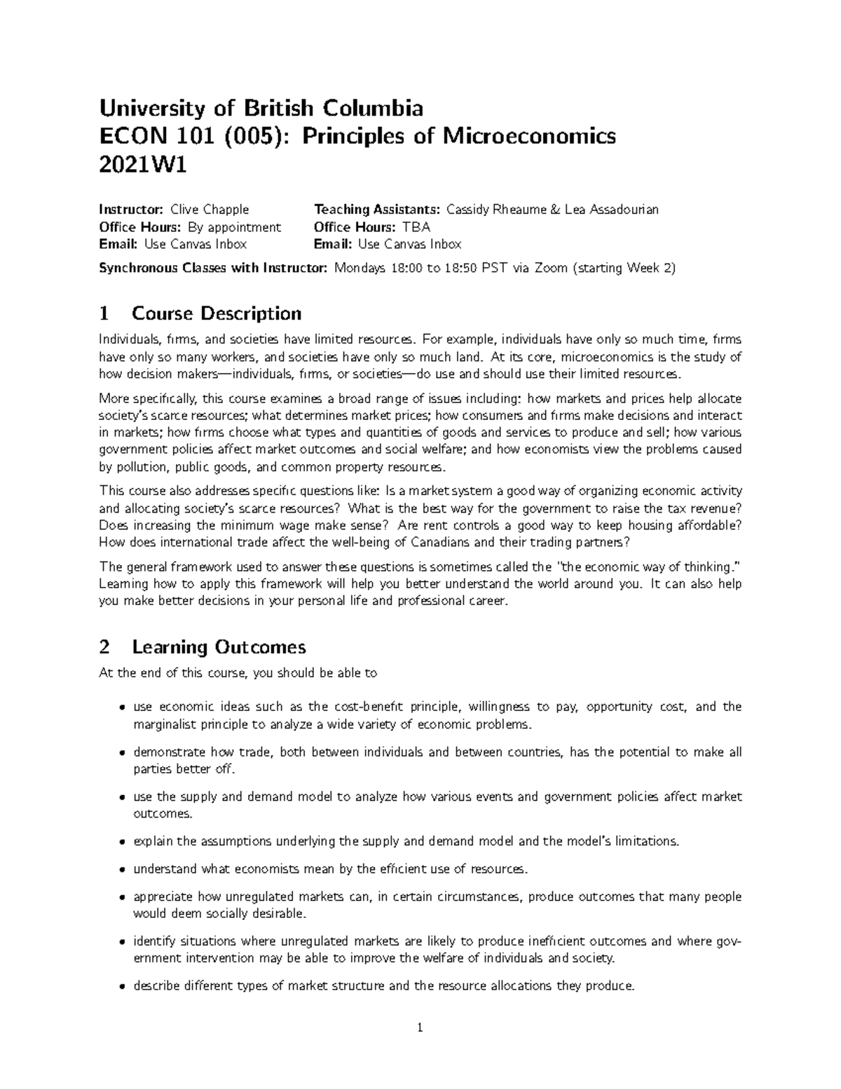 Econ101 005 outline 2021W1 - University of British Columbia ECON 101 ...