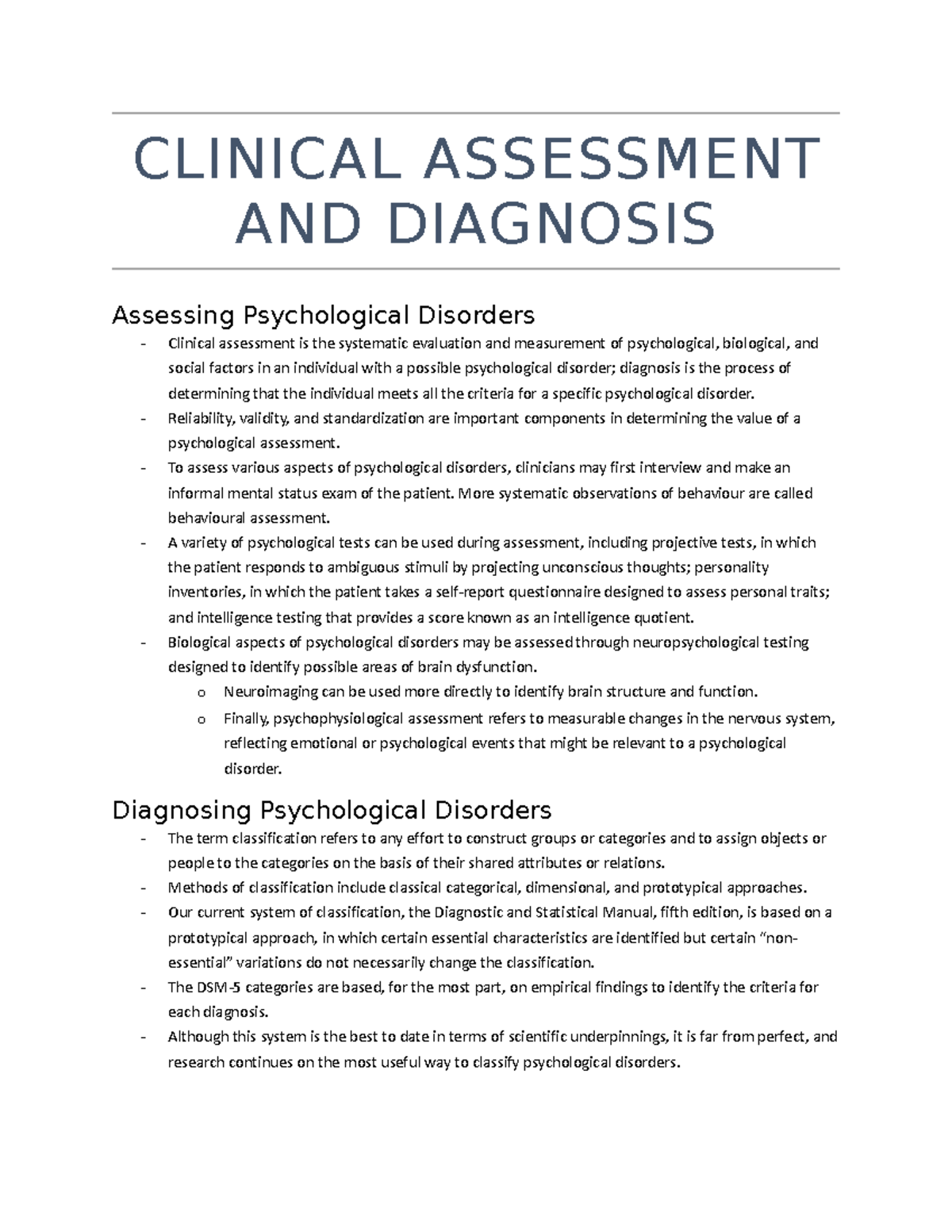 Chapter 3 Clinical Assesment and Diagnosis Notes - CLINICAL ASSESSMENT ...