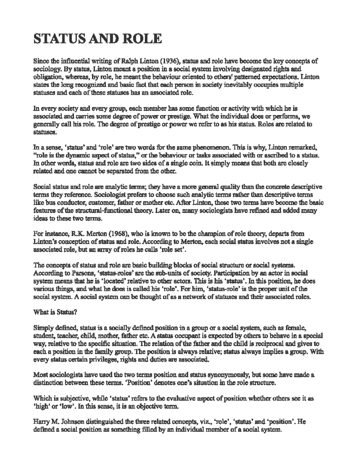 Status n role - sociology - Studocu