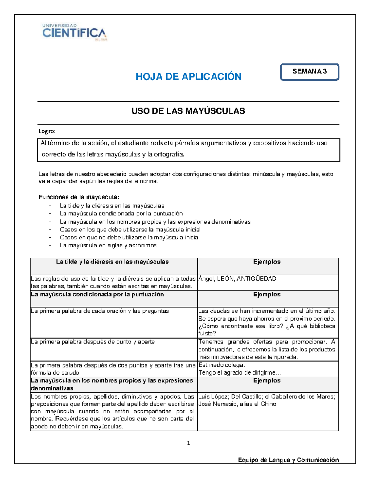 Hoja de Aplicación Sem 3-1 - 1 HOJA DE APLICACIÓN USO DE LAS MAYÚSCULAS ...